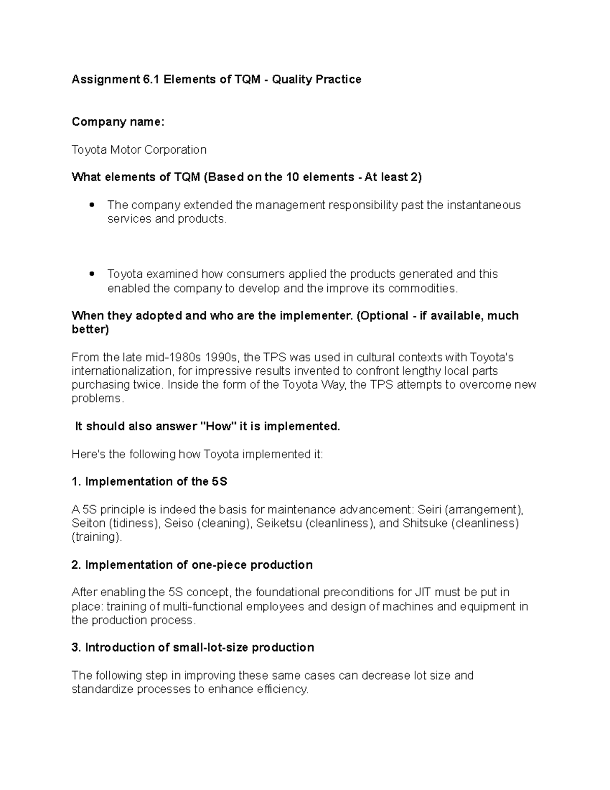 Assignment 6.1 Elements of TQM - Quality Practice - Assignment 6 Elements of TQM - Quality ...