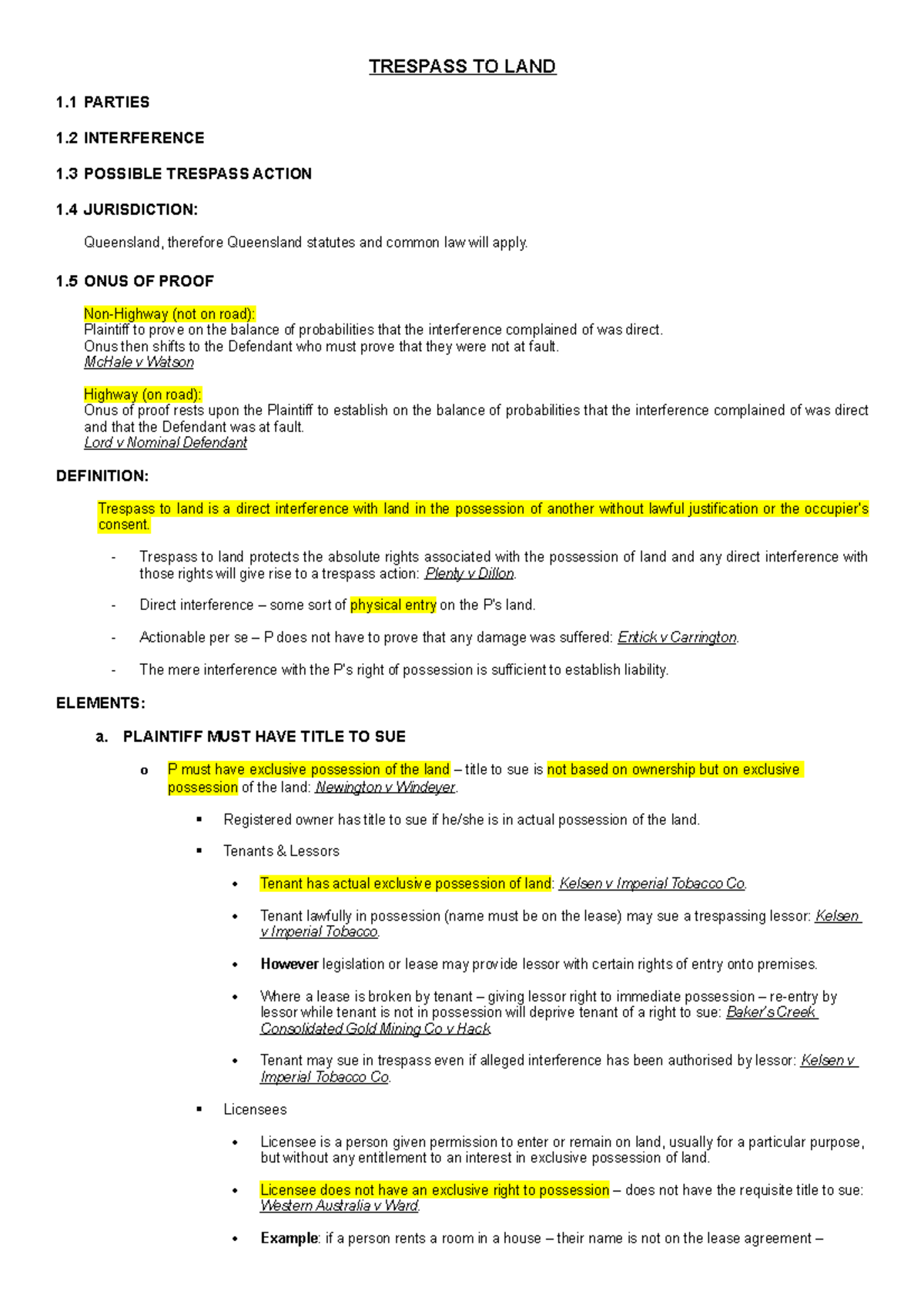 Summary Australian Torts Law lecture 2, exam notes, defences and ...