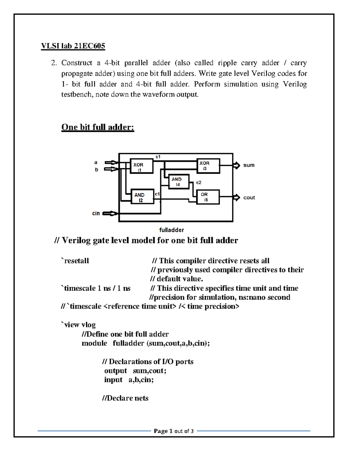 4 bit Adder - easy - VLSI lab 21EC 2. Construct a 4-bit parallel adder ...