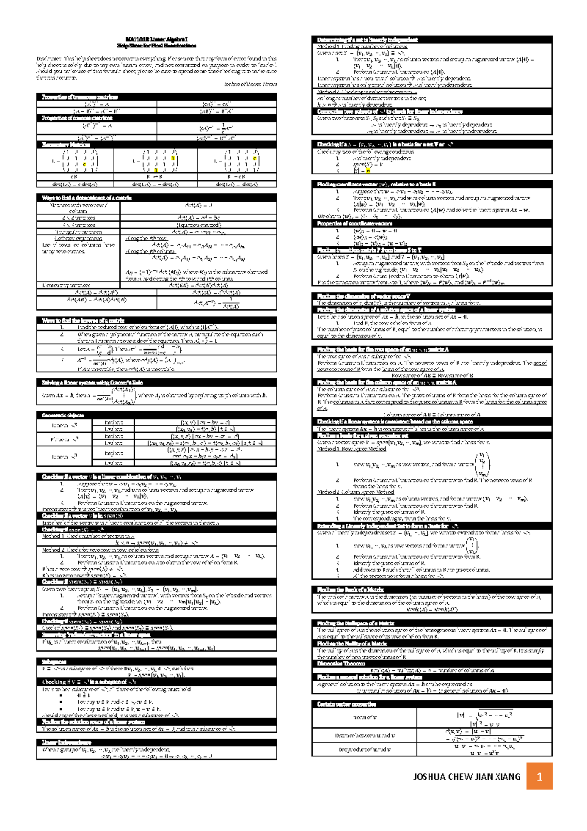 MA2001 Help Sheet - JOSHUA CHEW JIAN XIANG 1 MA 1101 R Linear Algebra I ...