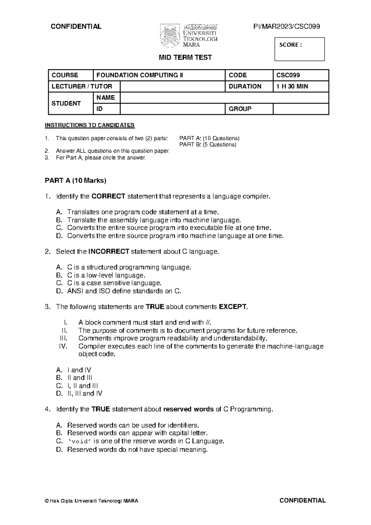 Question - Midterm Test CSC099 Jan-Mei 2023 Set 1 Final Draft ...