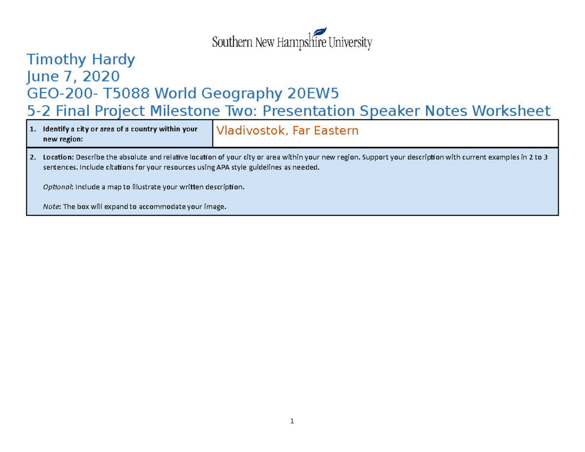5-2 Worksheet Week 5 World Geography - Timothy Hardy June 7, 2020 GEO ...
