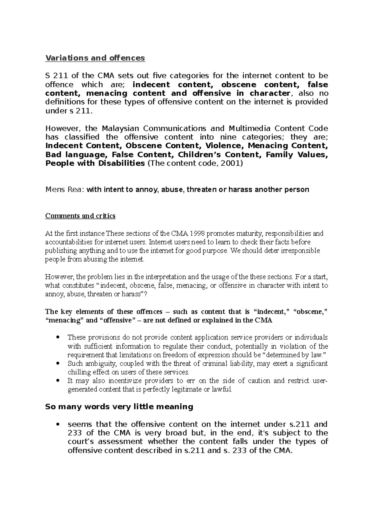 Critics and comments - Variations and offences S 211 of the CMA sets ...