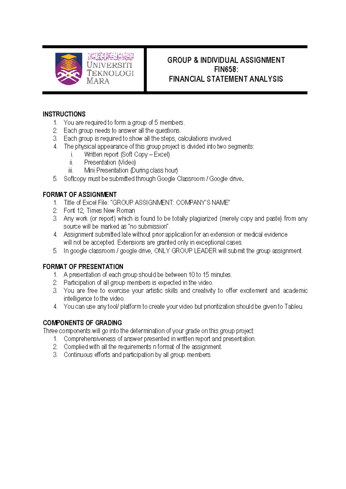 Assessments - GROUP & INDIVIDUAL ASSIGNMENT FIN658: FINANCIAL STATEMENT ANALYSIS INSTRUCTIONS ...