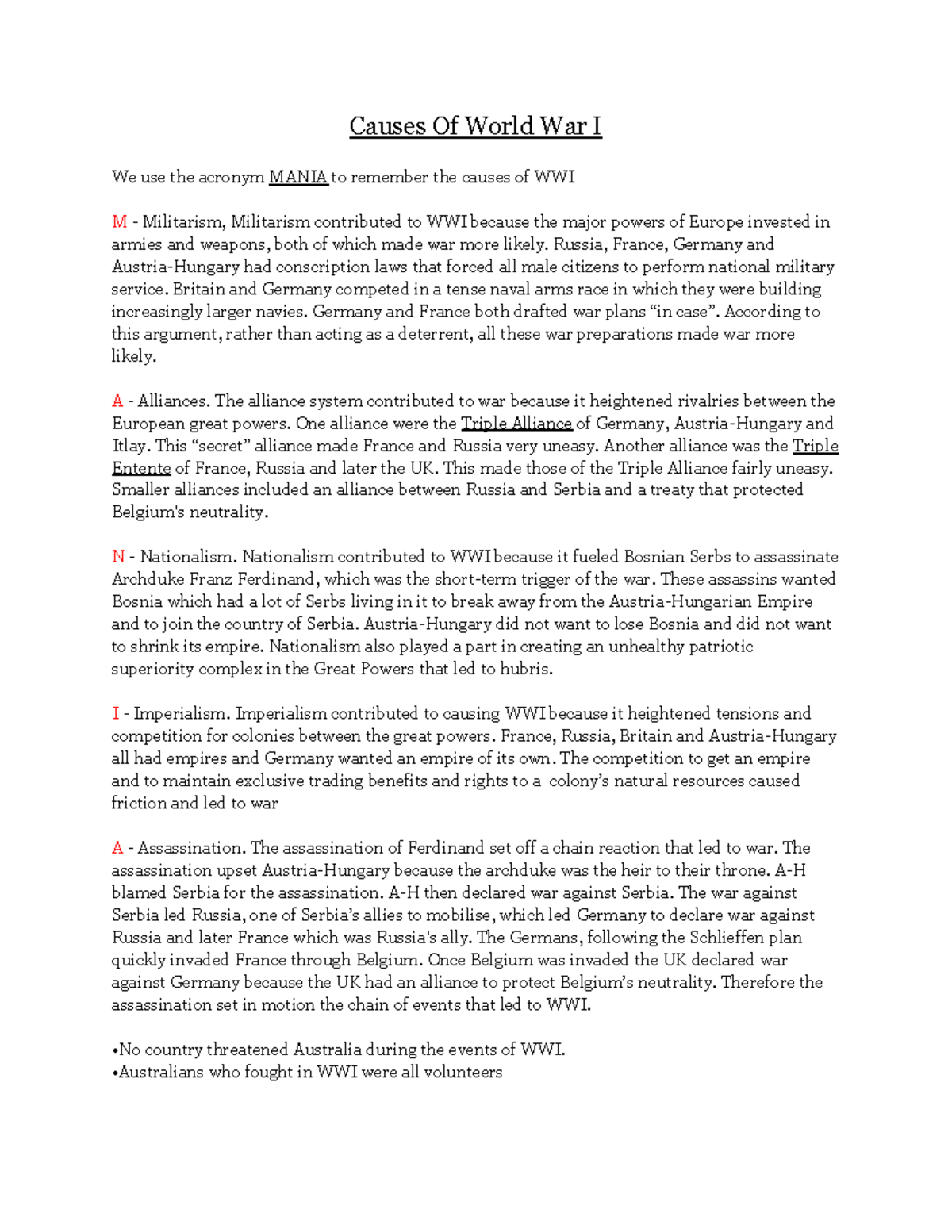 WWI Study Notes - Causes Of World War I We use the acronym MANIA to ...