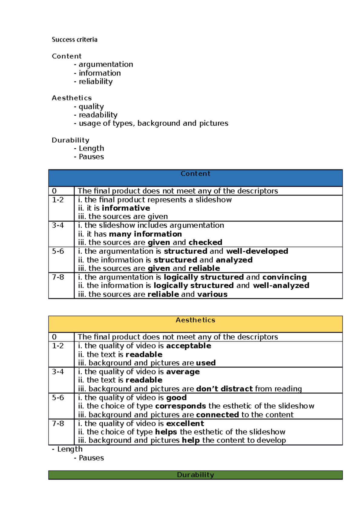 Success criteria - Success criteria Content - argumentation ...