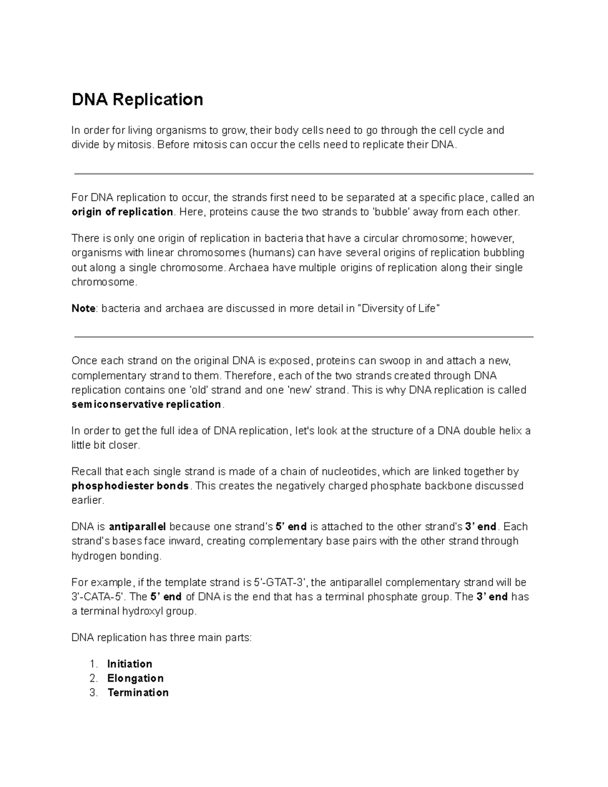 DNA Replication - course summary - DNA Replication In order for living ...
