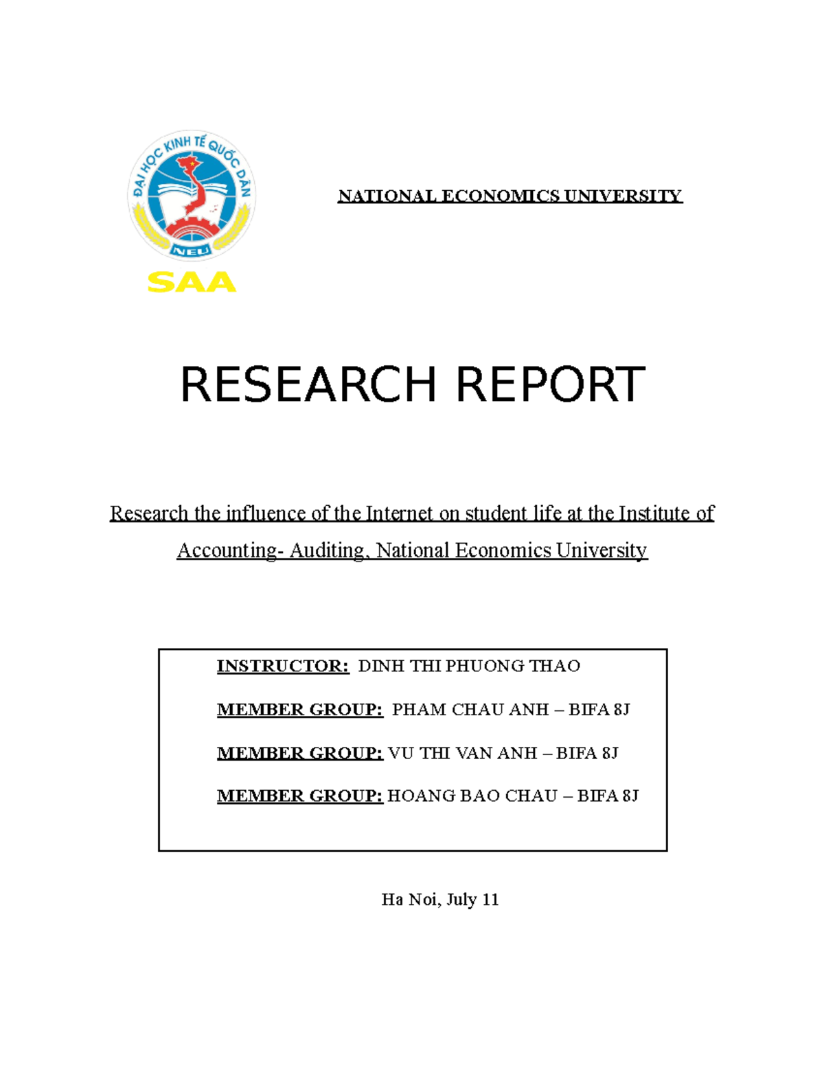 Report - ấccasc - NATIONAL ECONOMICS UNIVERSITY RESEARCH REPORT ...