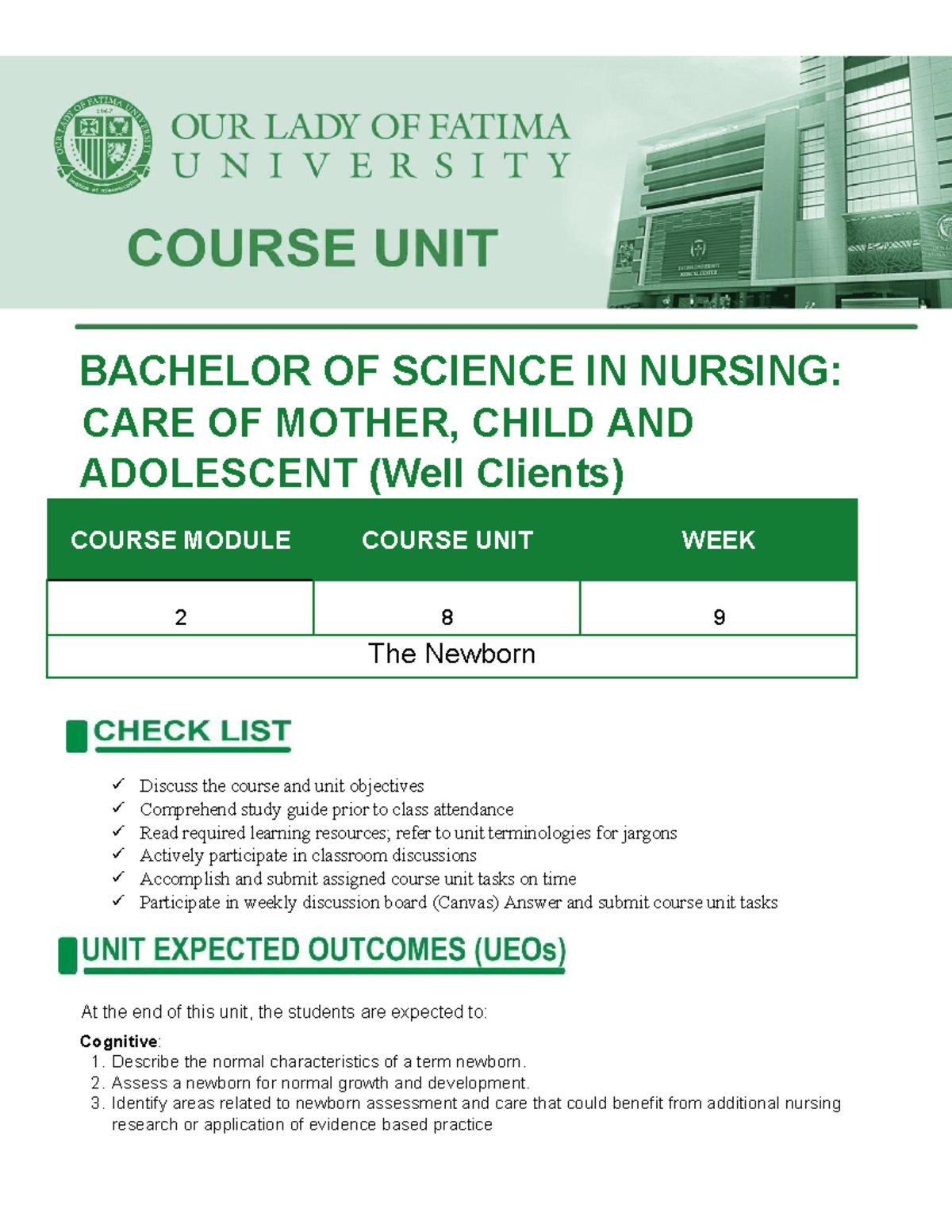 Course+UNIT+WEEK+9 - newborn care - BACHELOR OF SCIENCE IN NURSING ...