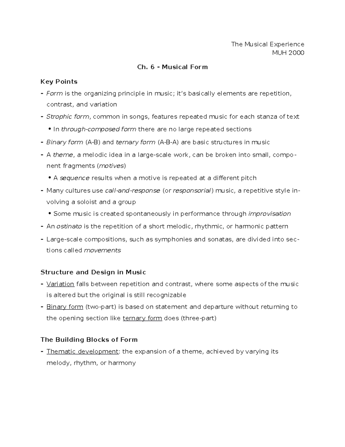 Ch. 6 - Musical Form - The Musical Experience MUH 2000 Ch. 6 - Musical ...