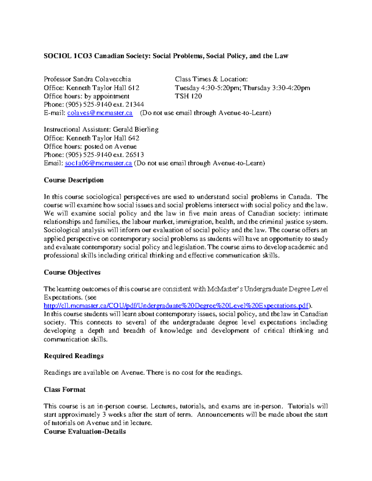 Sociol 1C03, Winter 2023, Sandra Colavecchia - revised - SOCIOL 1CO3 ...