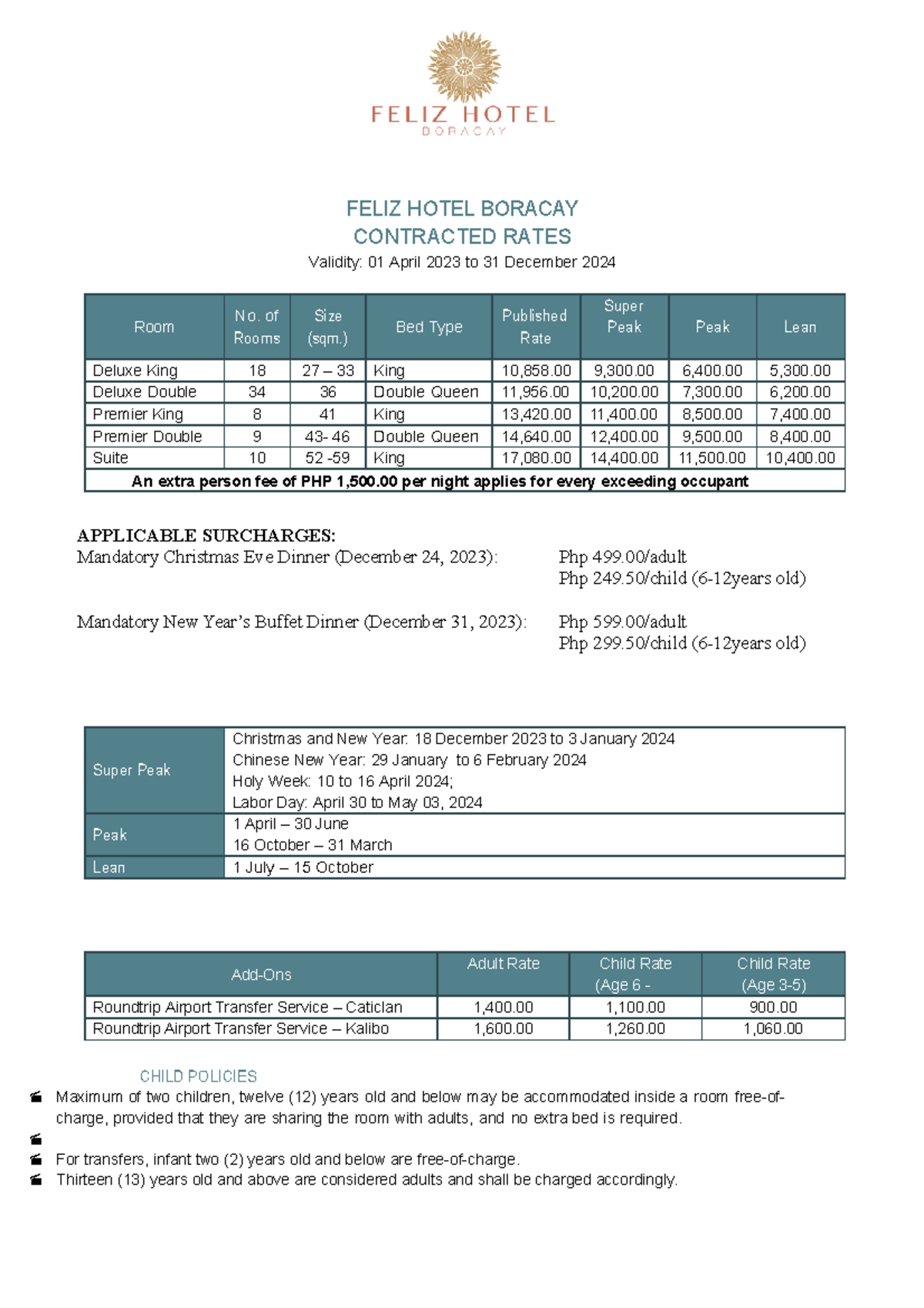 Feliz Hotel Ratesheet AY2023-2024 - FELIZ HOTEL BORACAY CONTRACTED ...