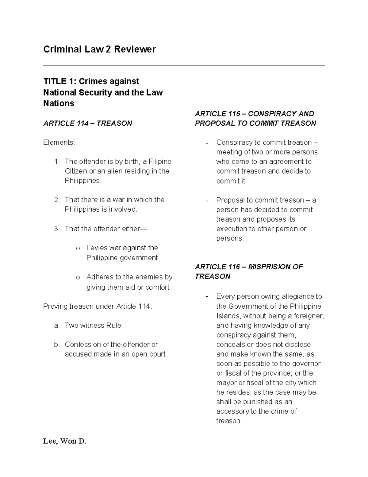 Scribd - Law 2 - Criminal Law 2 Reviewer TITLE 1: Crimes against ...