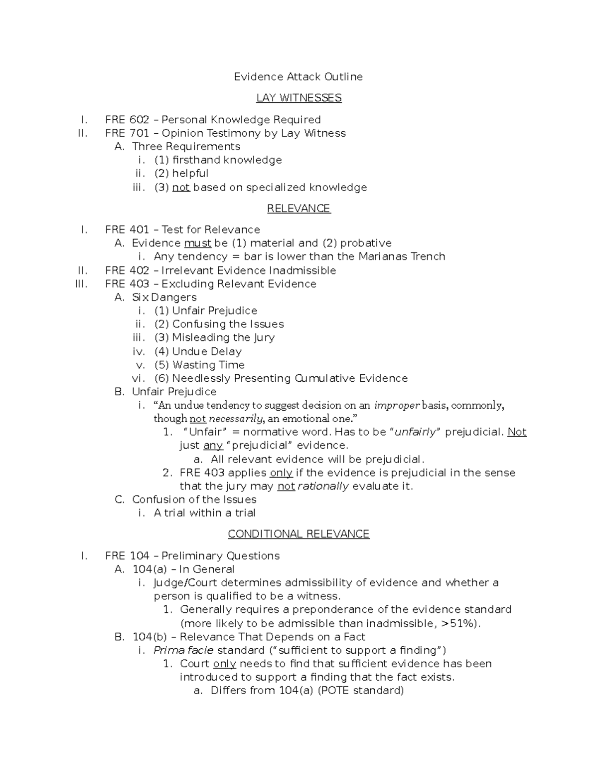 Evidence Law Attack Outline - Evidence Attack Outline LAY WITNESSES I ...