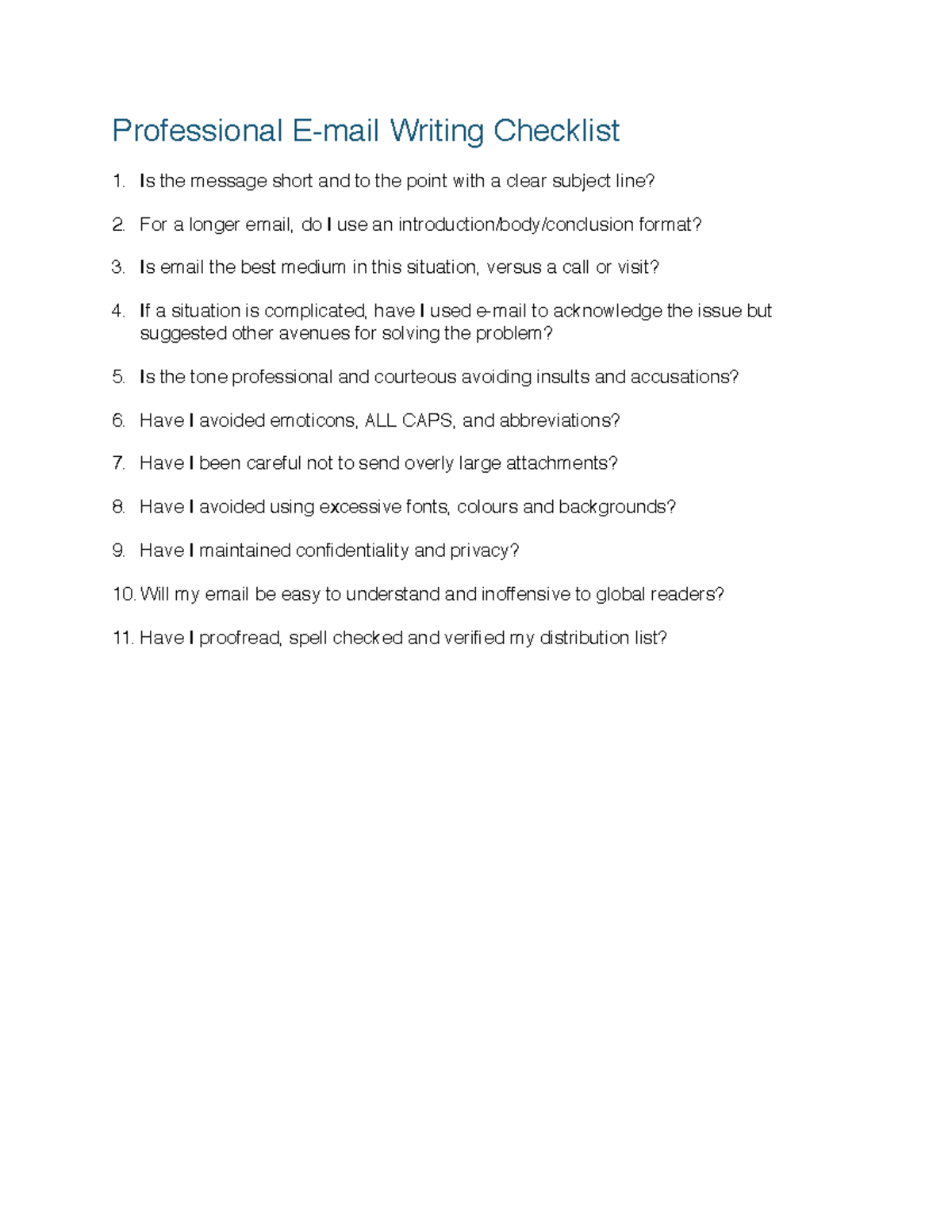 Professional E-mail Writing Checklist - Studocu