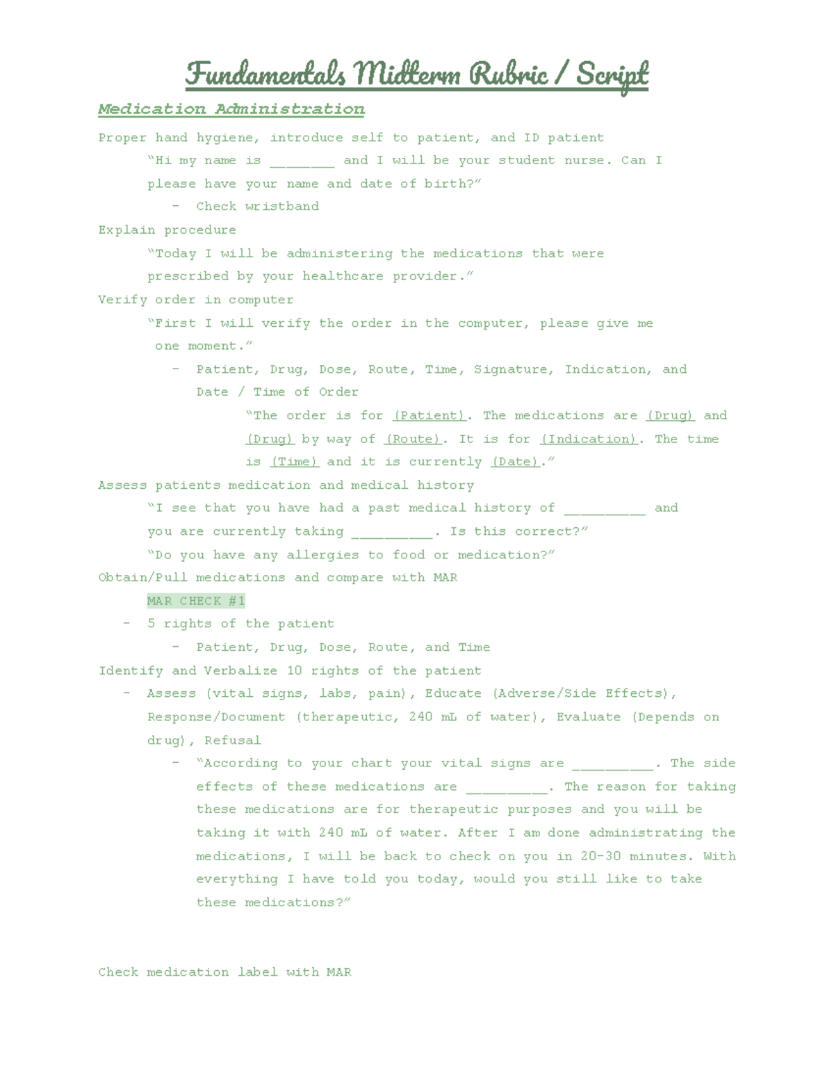 Fundamentals Midterm - Med Admin and Sterile Wound Dressing - Fundamentals Midterm Rubric ...
