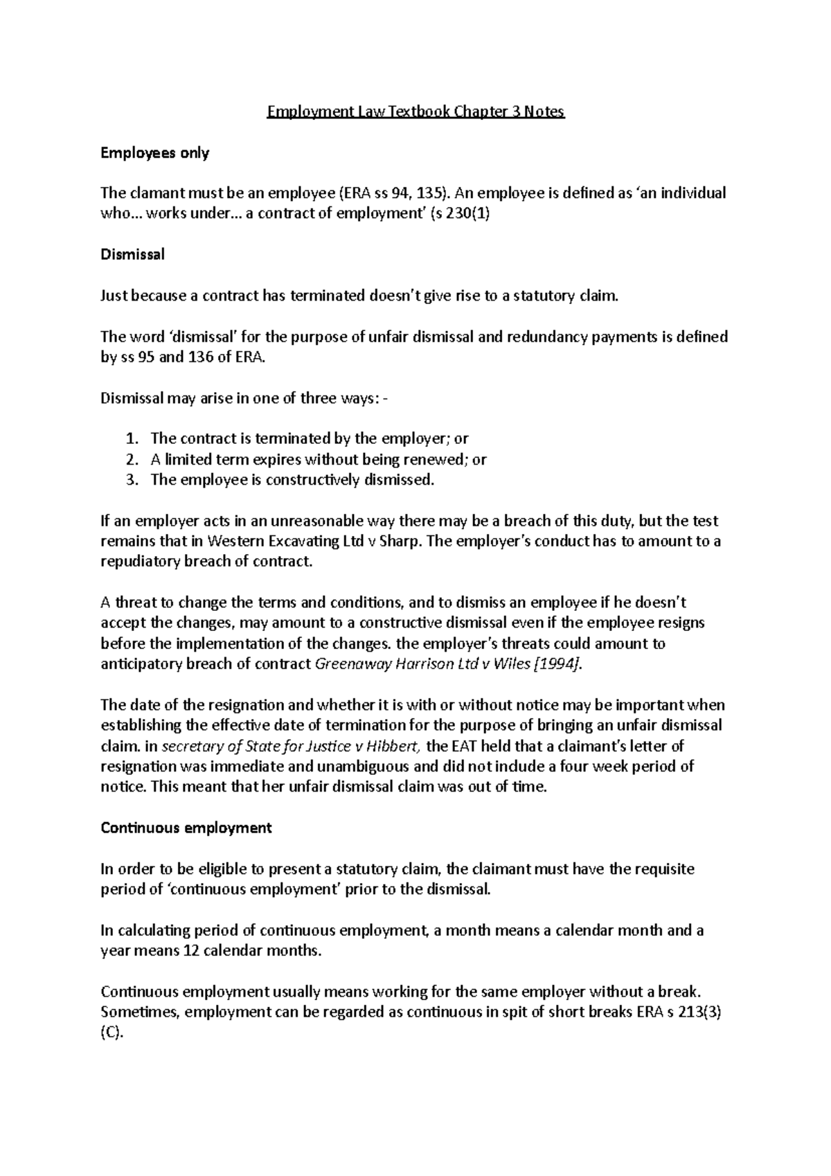 Employment Law Textbook Chapter 3 Notes - An employee is defined as ‘an ...