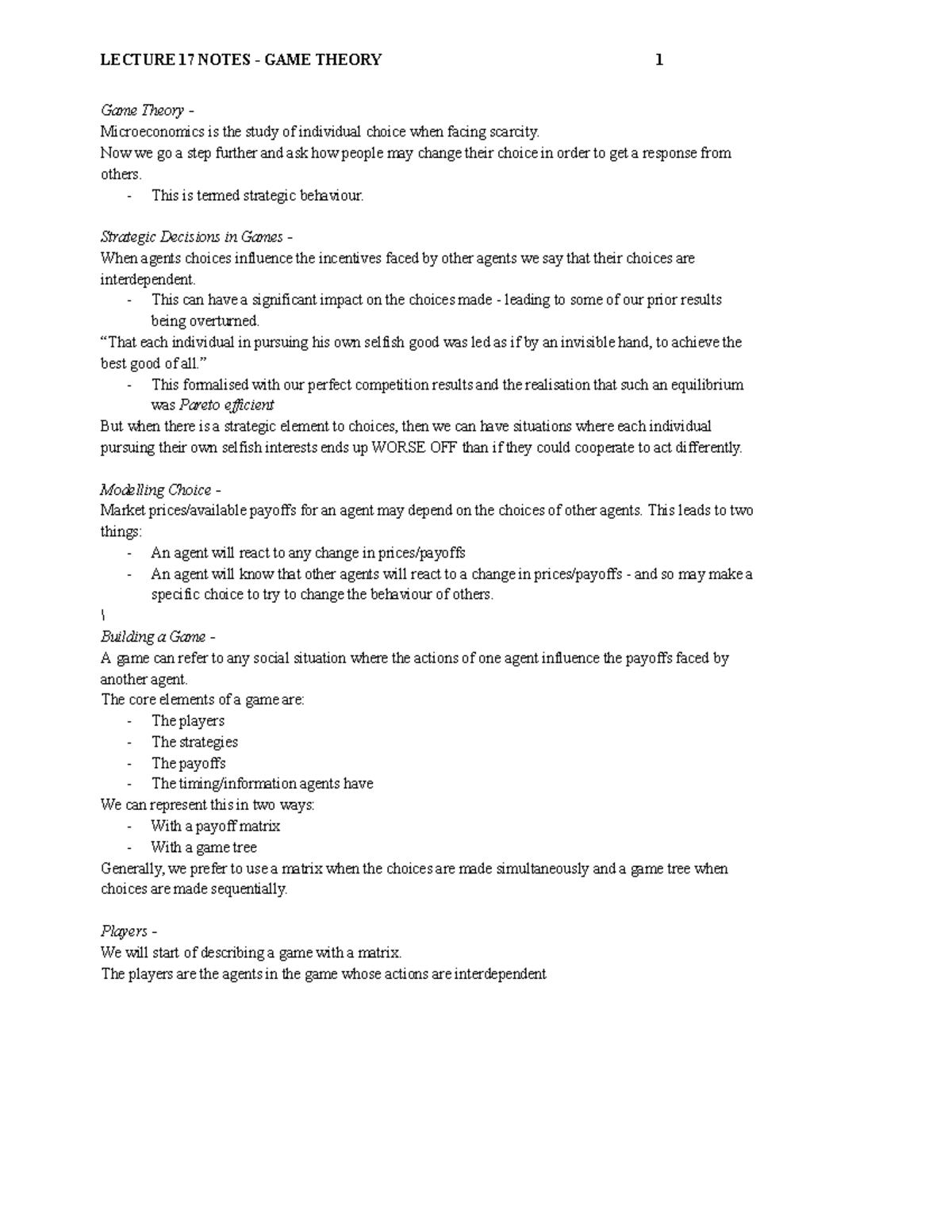 Lecture 17 Game Theory Lecture 17 Notes Game Theory 1 Game Theory