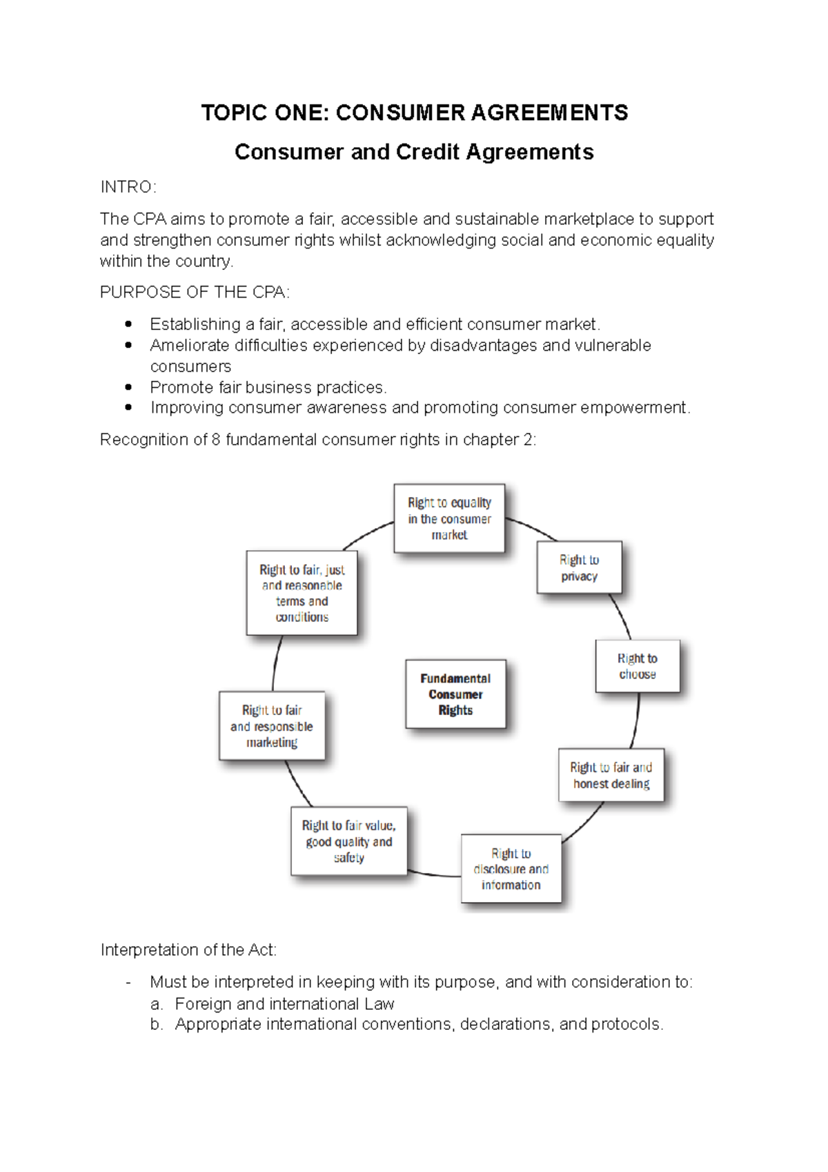 Consumer Law notes - TOPIC ONE: CONSUMER AGREEMENTS Consumer and Credit ...