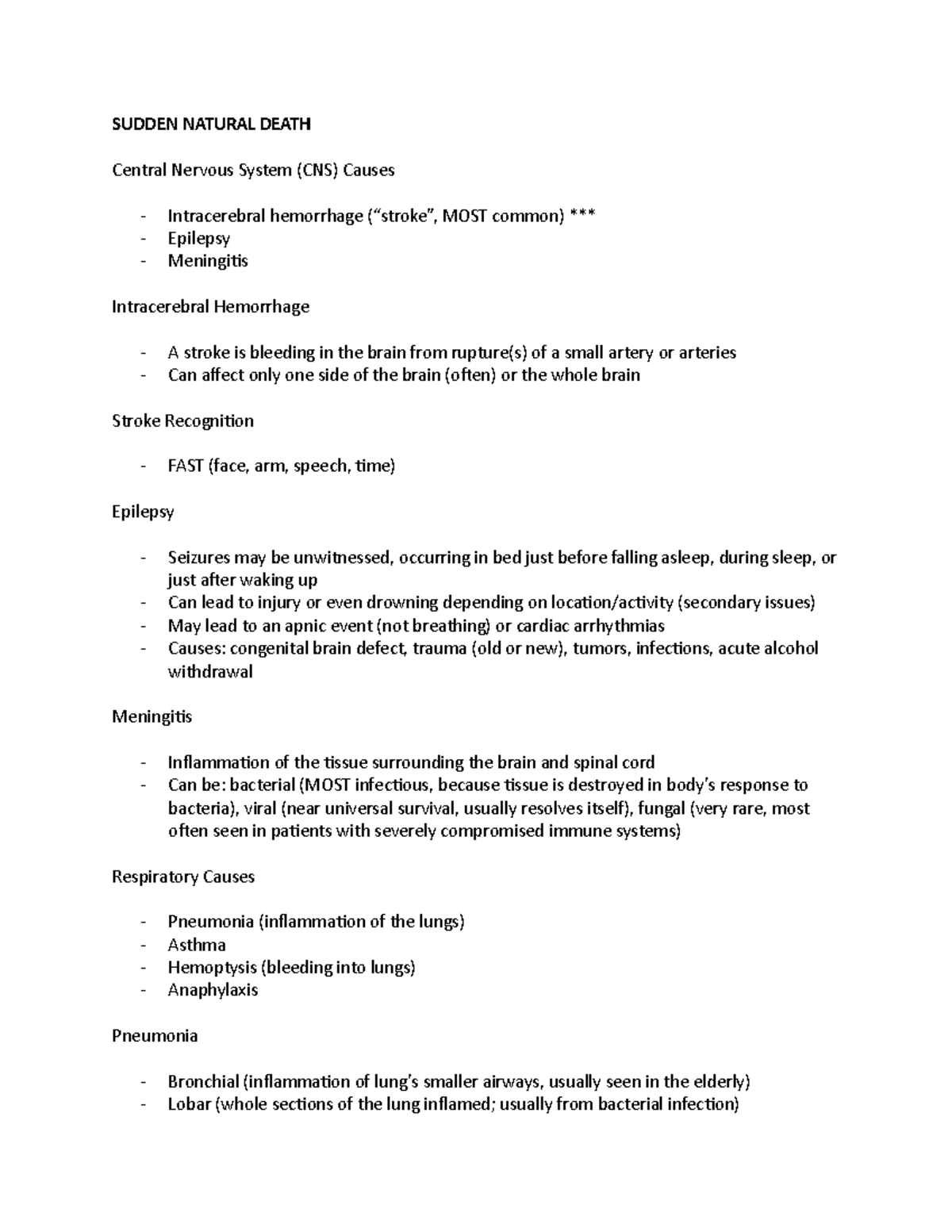 Death Inv Notes 4 - SUDDEN NATURAL DEATH Central Nervous System (CNS ...