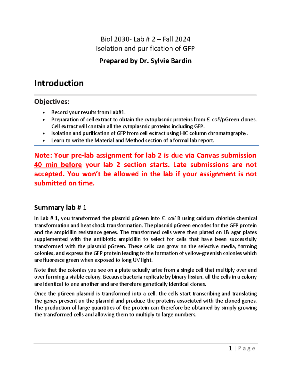Biol 2030- Lab 2- Introduction and Protocol-F2024-New - Biol 2030- Lab ...