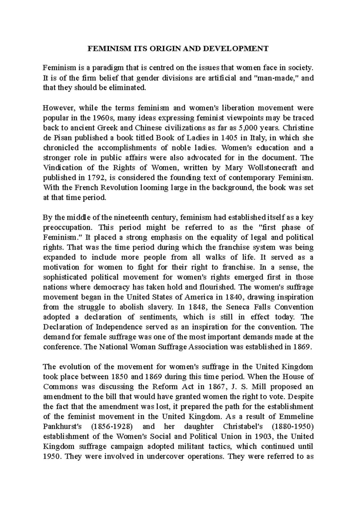 Feminism ITS Origin AND Development - Western Political Thought - Studocu