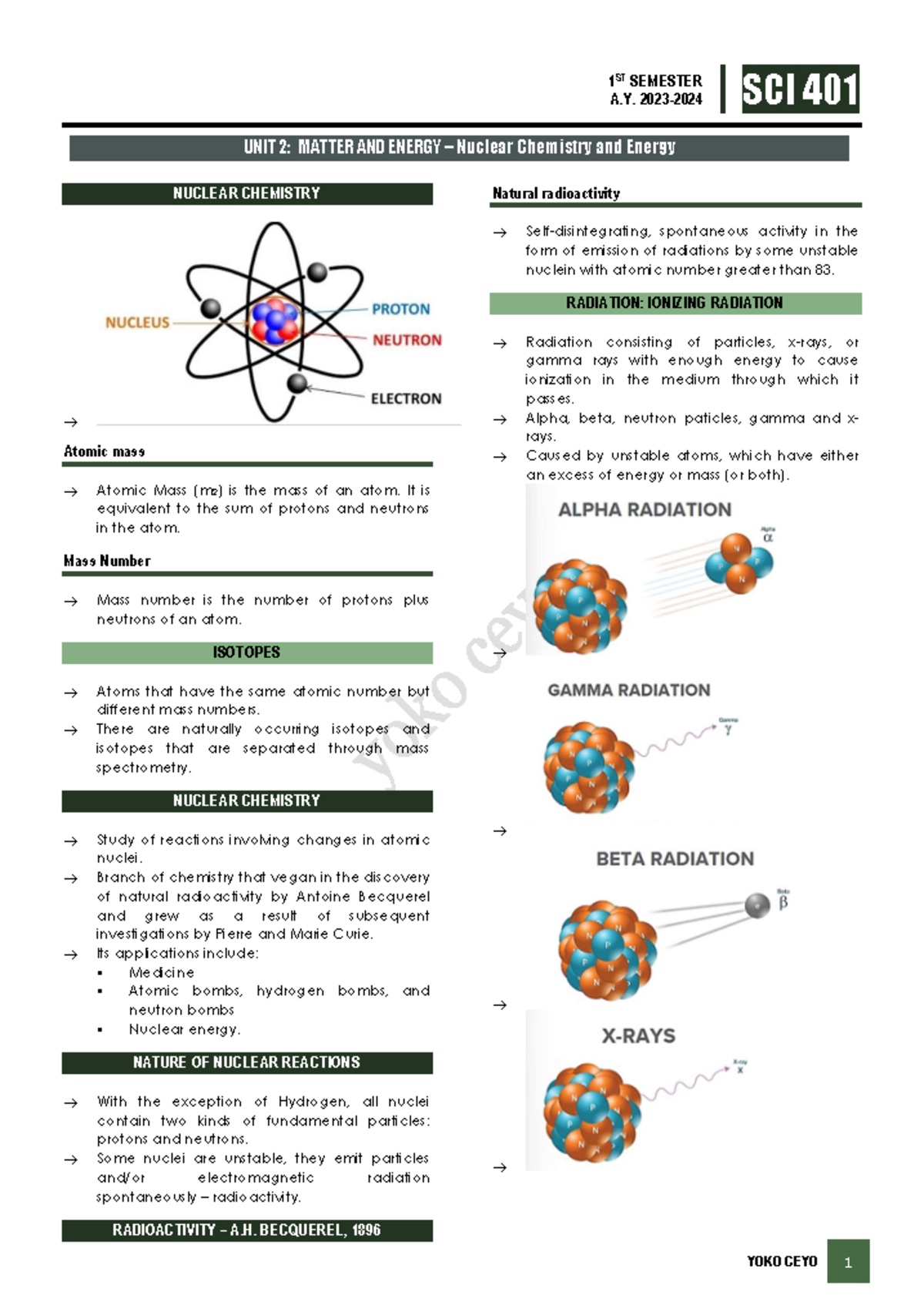General Chemistry Midterm notes - SCI 401 A. 202 3 - 2024 UNIT 2 ...