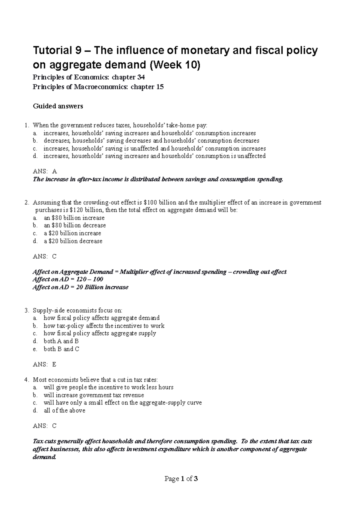 Tut9 (Week 10) Guided Ans - Tutorial 9 – The influence of monetary and fiscal policy on ...