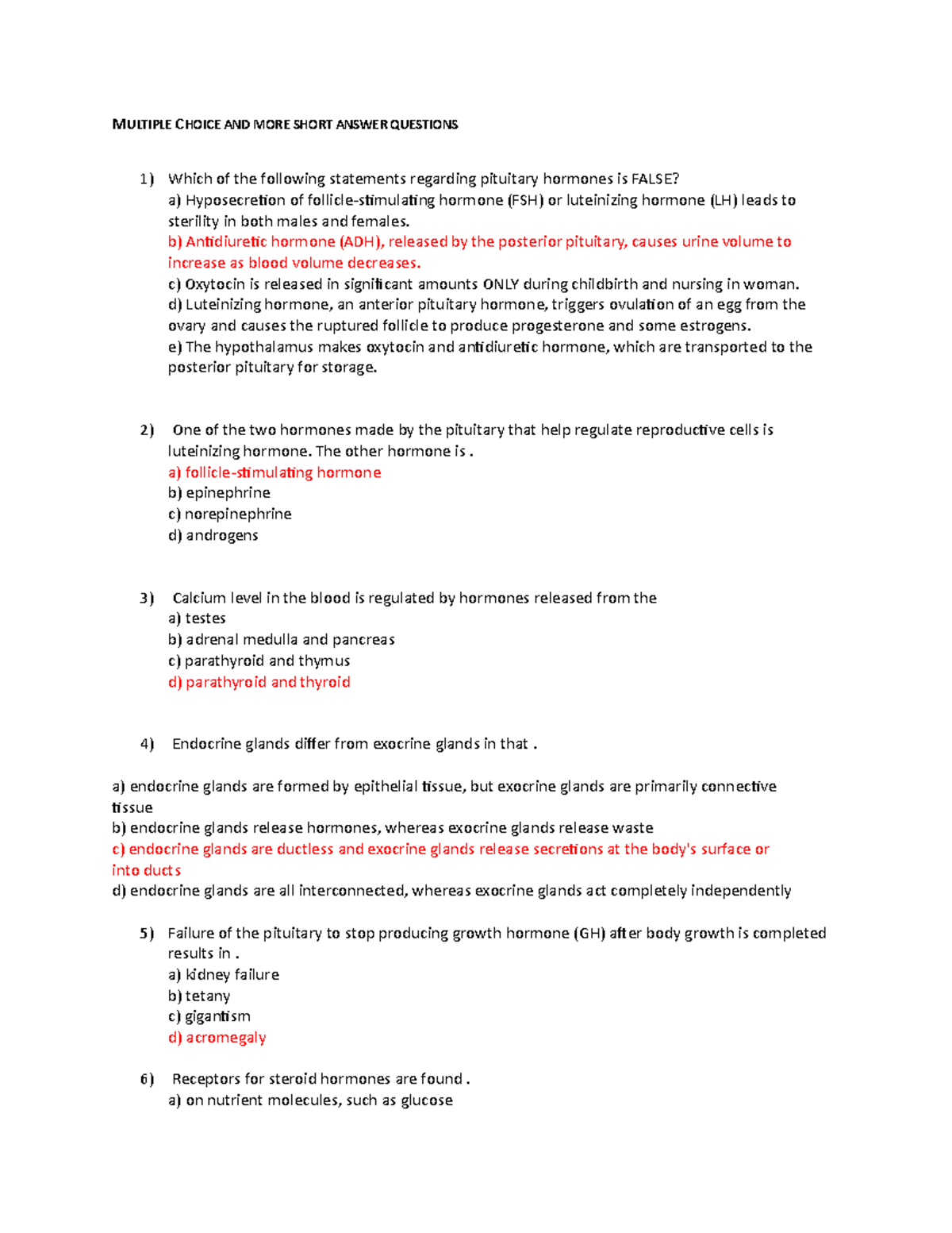 Questions Chapter 3 Endocrine System - MULTIPLE CHOICE AND MORE SHORT ...