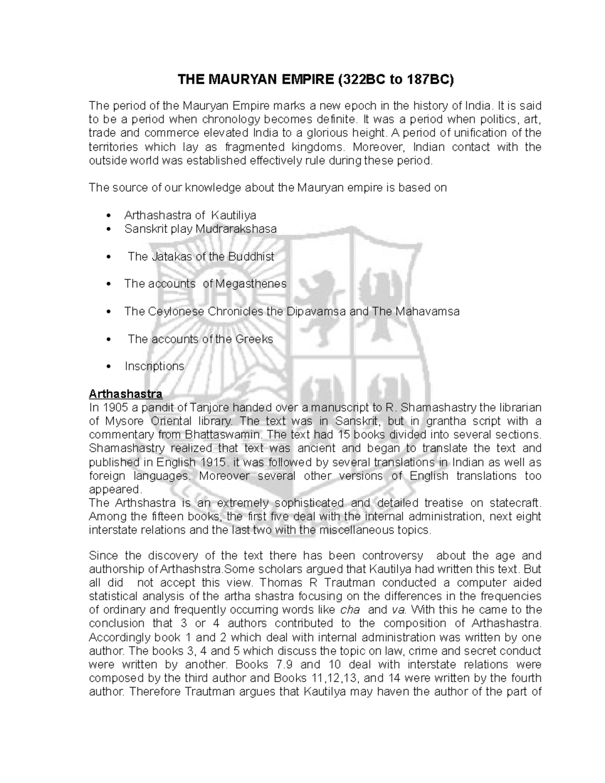 Mauryas - 1st semester history notes - THE MAURYAN EMPIRE (322BC to ...
