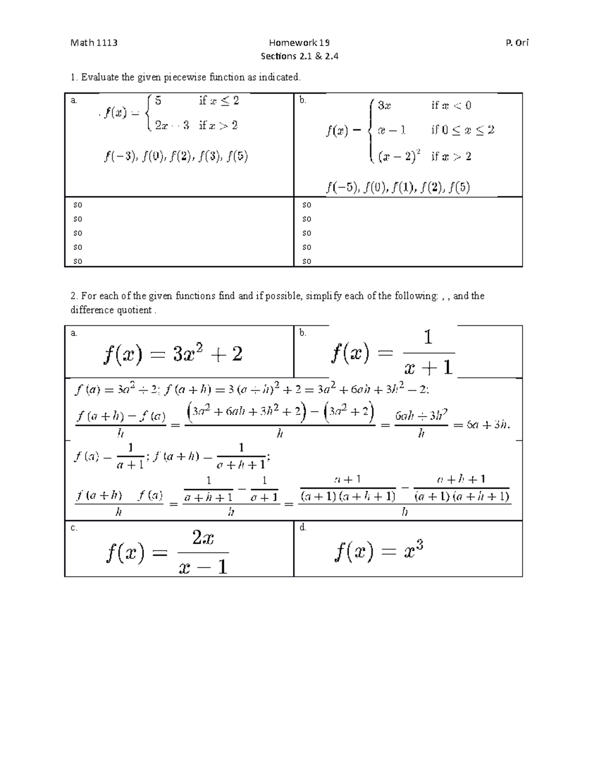 Homework 19 Solutions - Sections 2 & 2. Evaluate the given piecewise ...