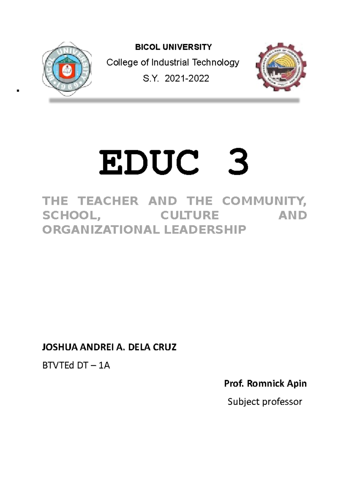 EDUC 3. reaction paper - none - BICOL UNIVERSITY College of Industrial ...