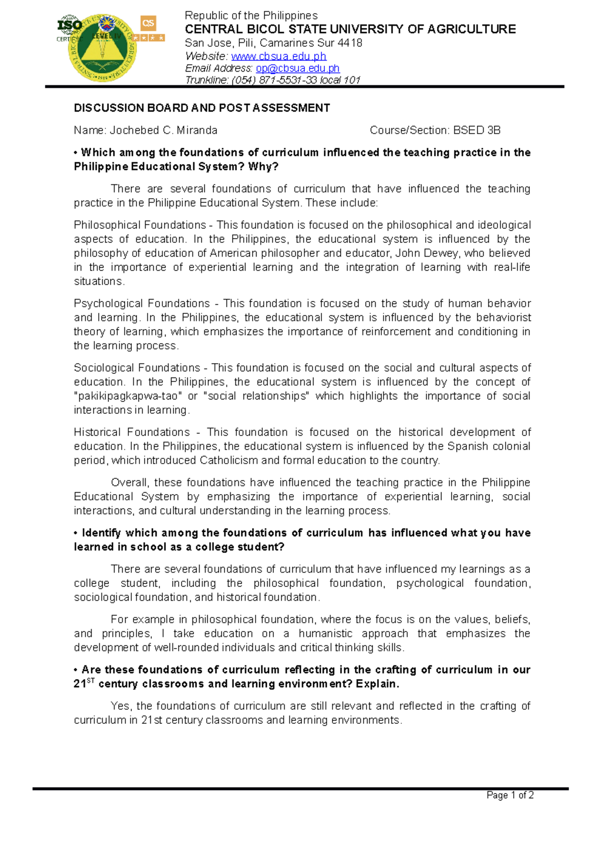 Week 2 EDUC 9 - Foundations of the Curriculum - Republic of the Philippines CENTRAL BICOL STATE ...