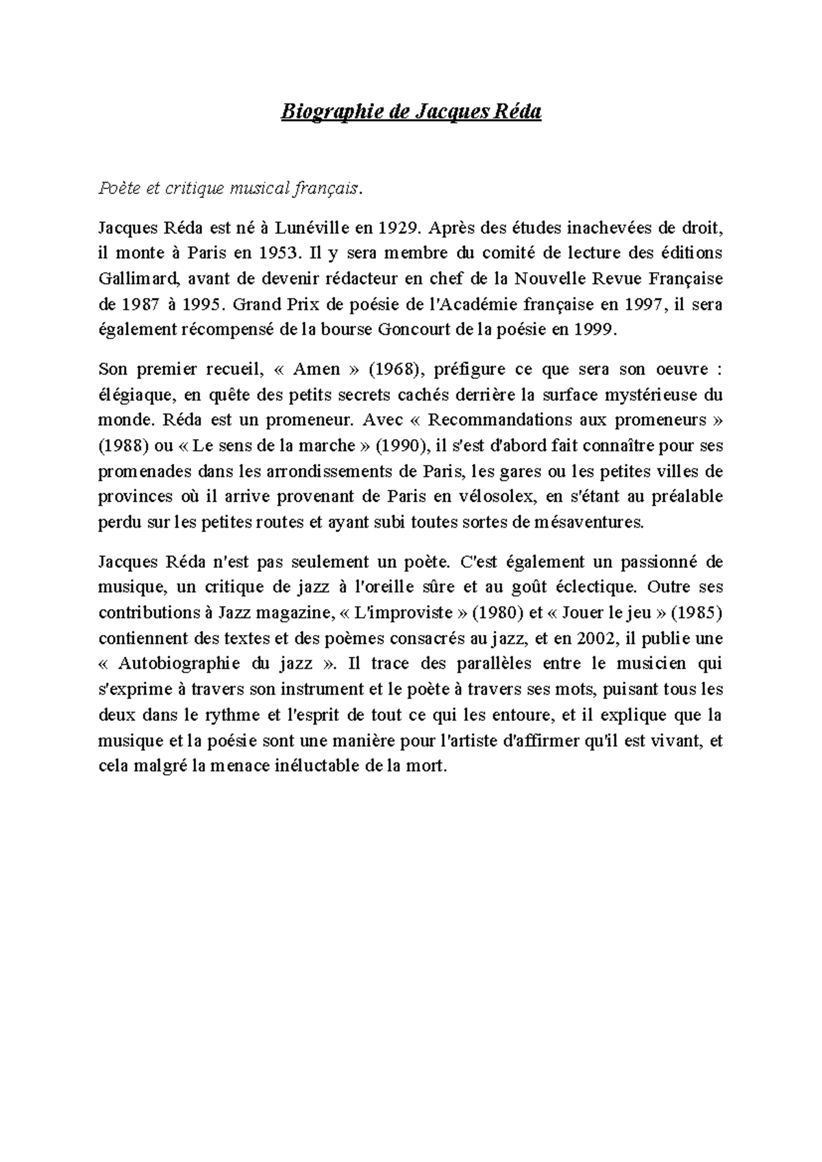 Biographie de Jacques Réda - Biographie de Jacques Réda Poète et ...