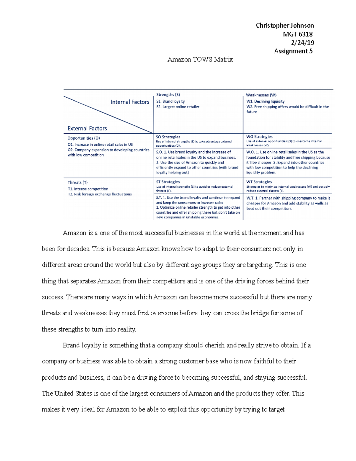 Amazon TOWS Matrix - Report - MGT 6318 2/24/ Assignment 5 Amazon TOWS ...