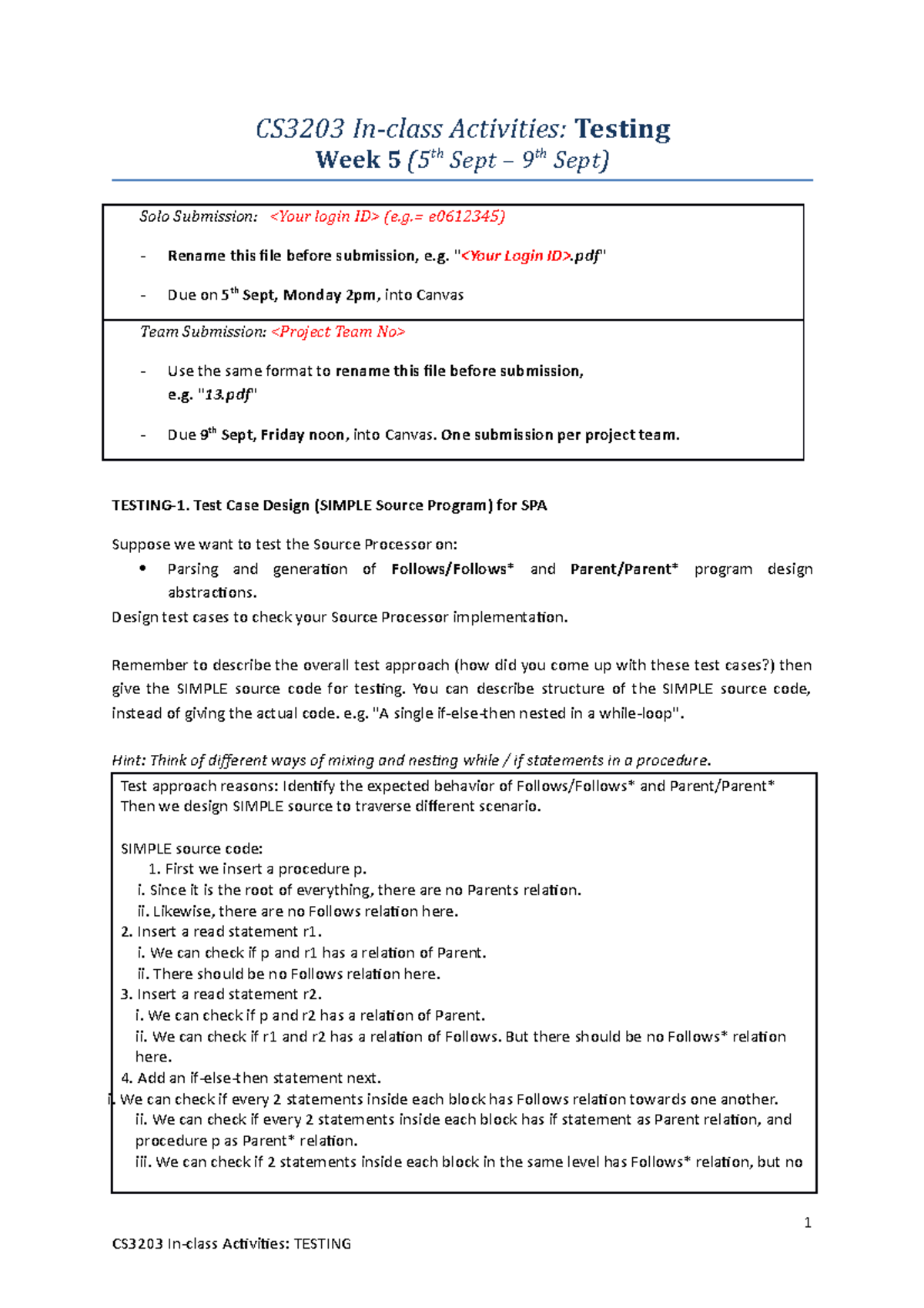Testing Exercise - CS3203 In-class Activities: Testing Week 5 (5th Sept ...