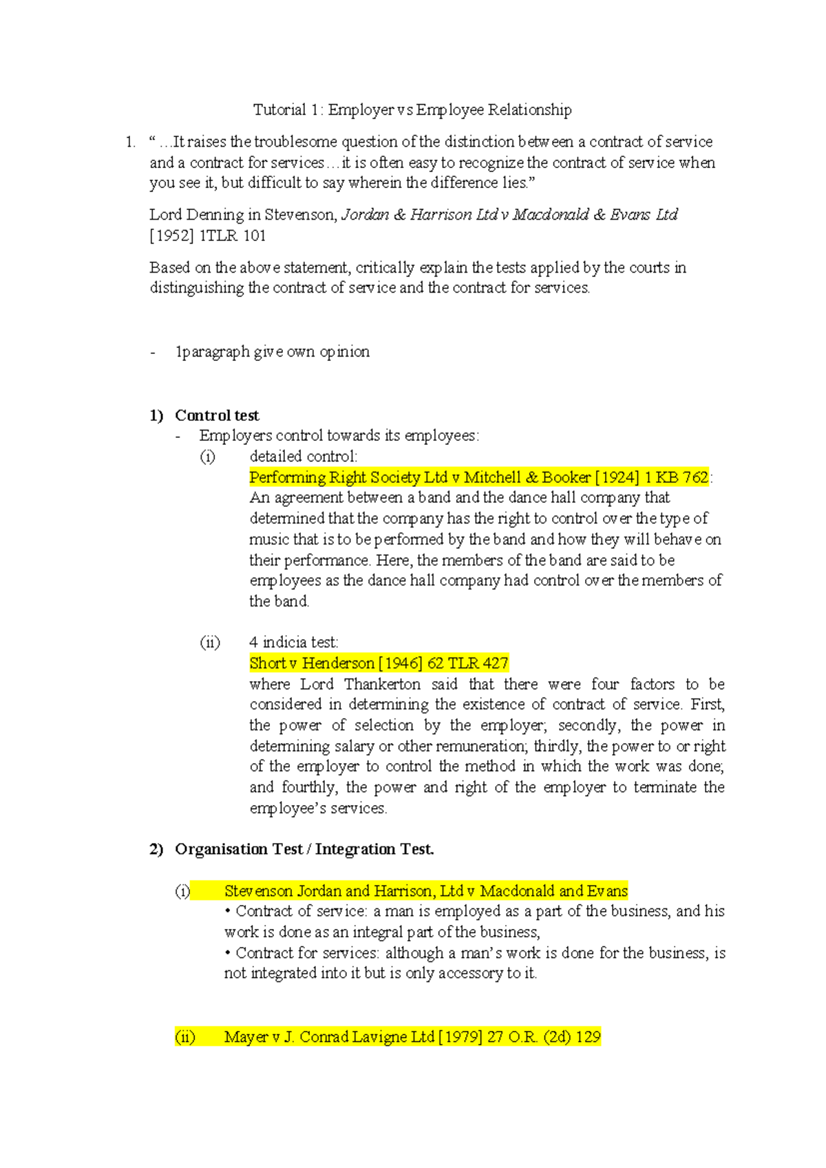 Tutorial 2 Week 3 Employer vs Employee Relationship - Tutorial 1 ...
