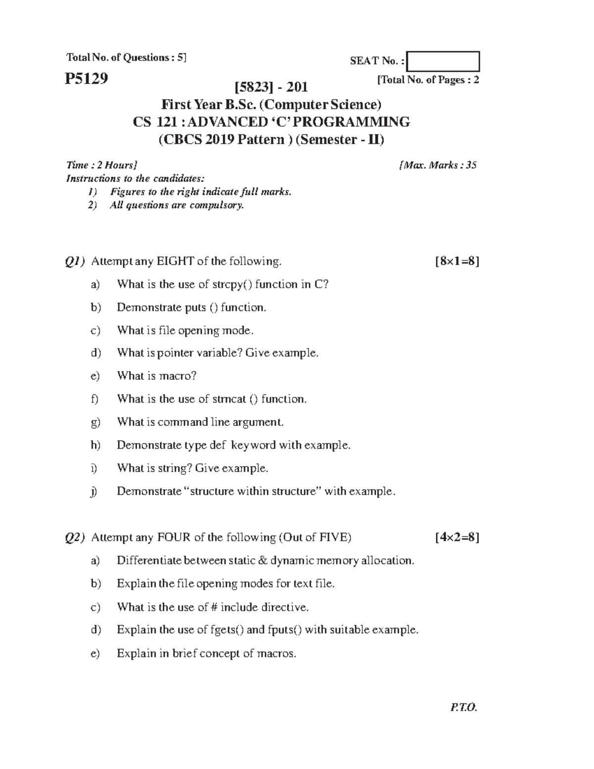 B.SC ( Computer Science ) 2019 Pattern - ####### [5823] - 201 1 Total No. of Questions : 5 ...