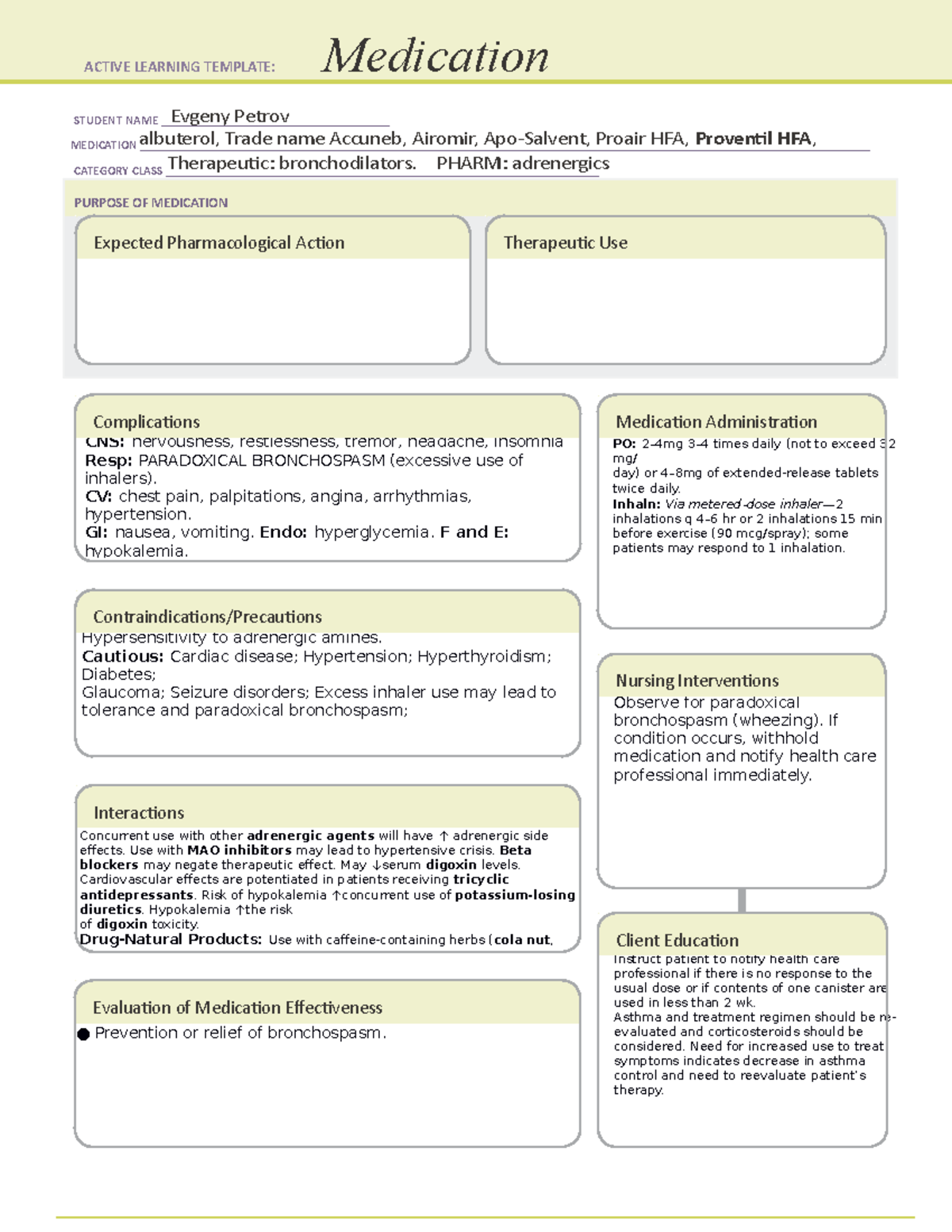 Albuterol - active learning template - ####### STUDENT NAME