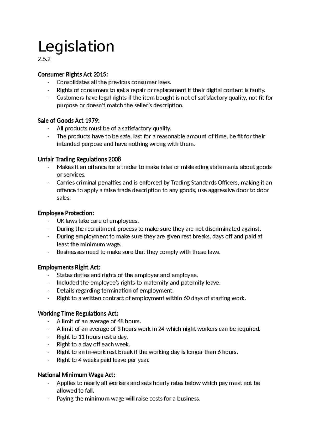 Legislation 2 - Class Notes - Legislation 2. Consumer Rights Act 2015 ...
