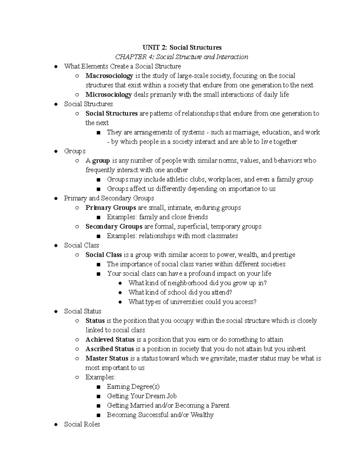 Chapter 4 Notes - n/a - UNIT 2: Social Structures CHAPTER 4: Social ...