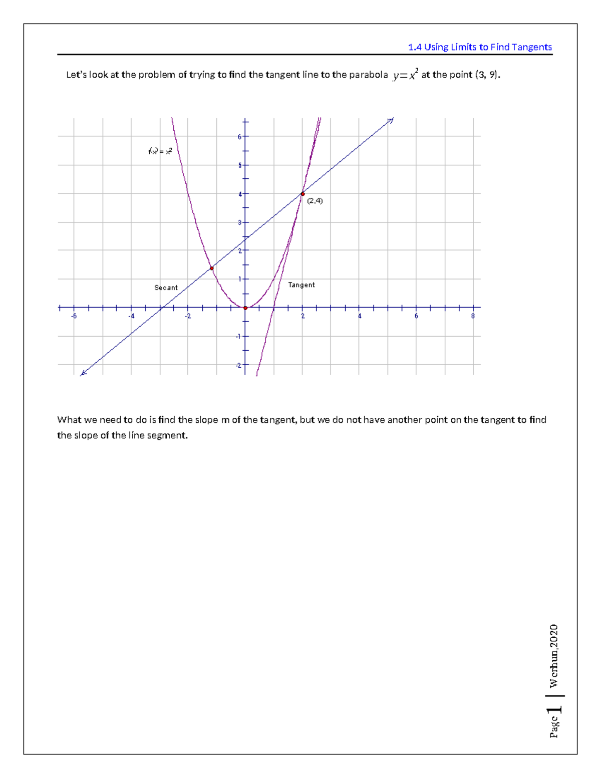 1.4 Using Limits to Find Tangents - 1 | Werhun, 1 Using Limits to Find ...