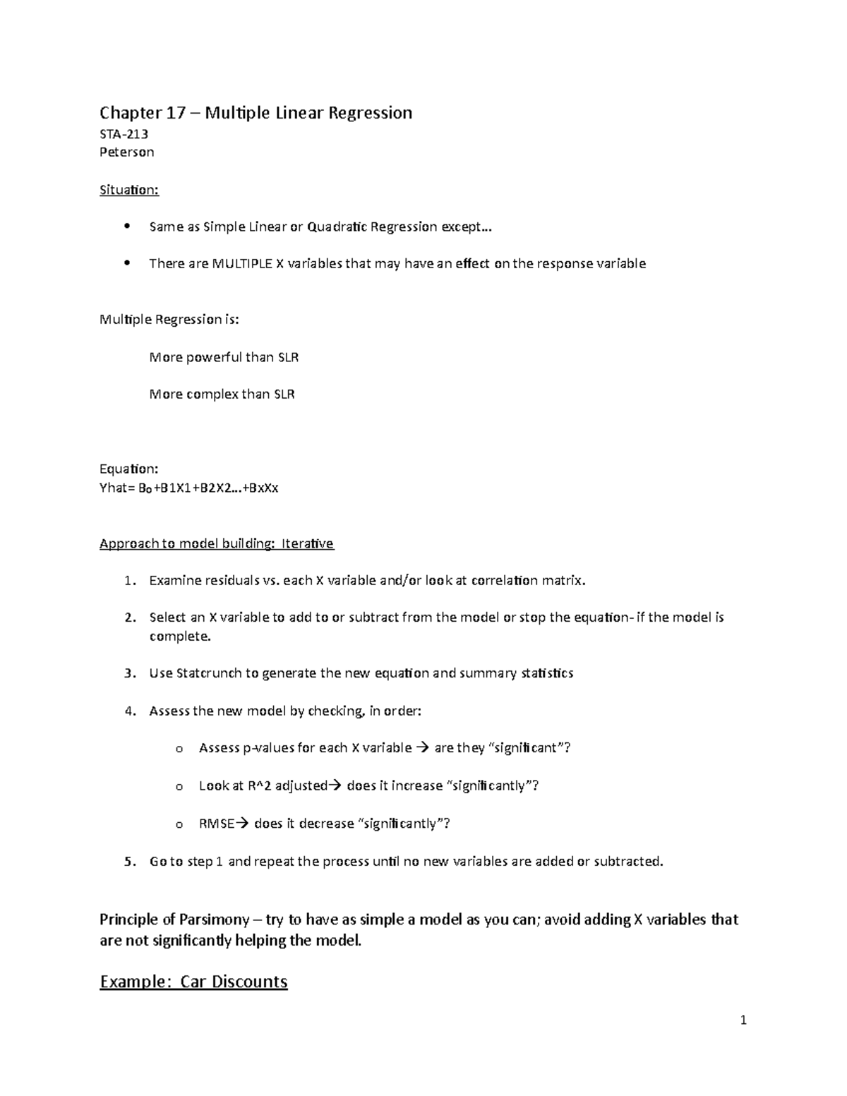 Multiple Regression - Chapter 17 – Multiple Linear Regression STA-213 Peterson Situation: Same ...