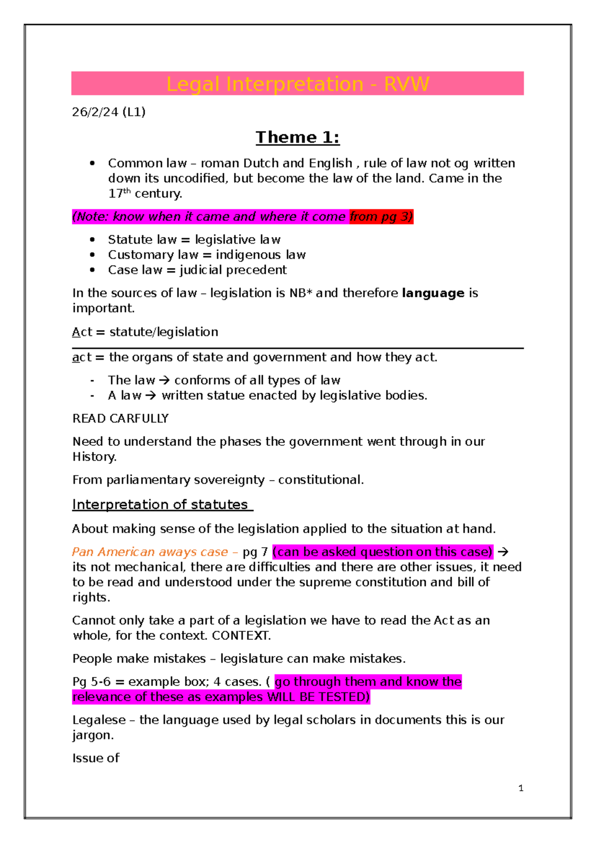 RVW lec notes theme 1-4 - Legal Interpretation - RVW 26/2/24 (L1) Theme ...