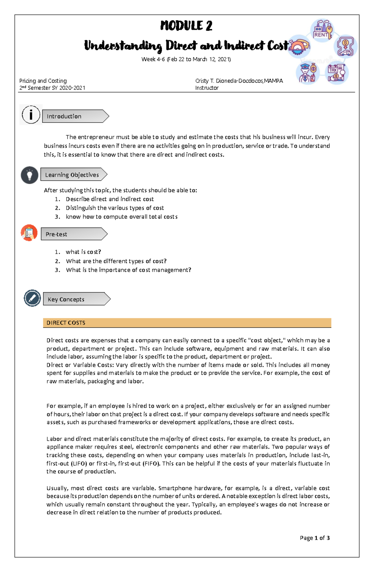 Module 2 - Pricing - Page 1 of 3 The entrepreneur must be able to study ...