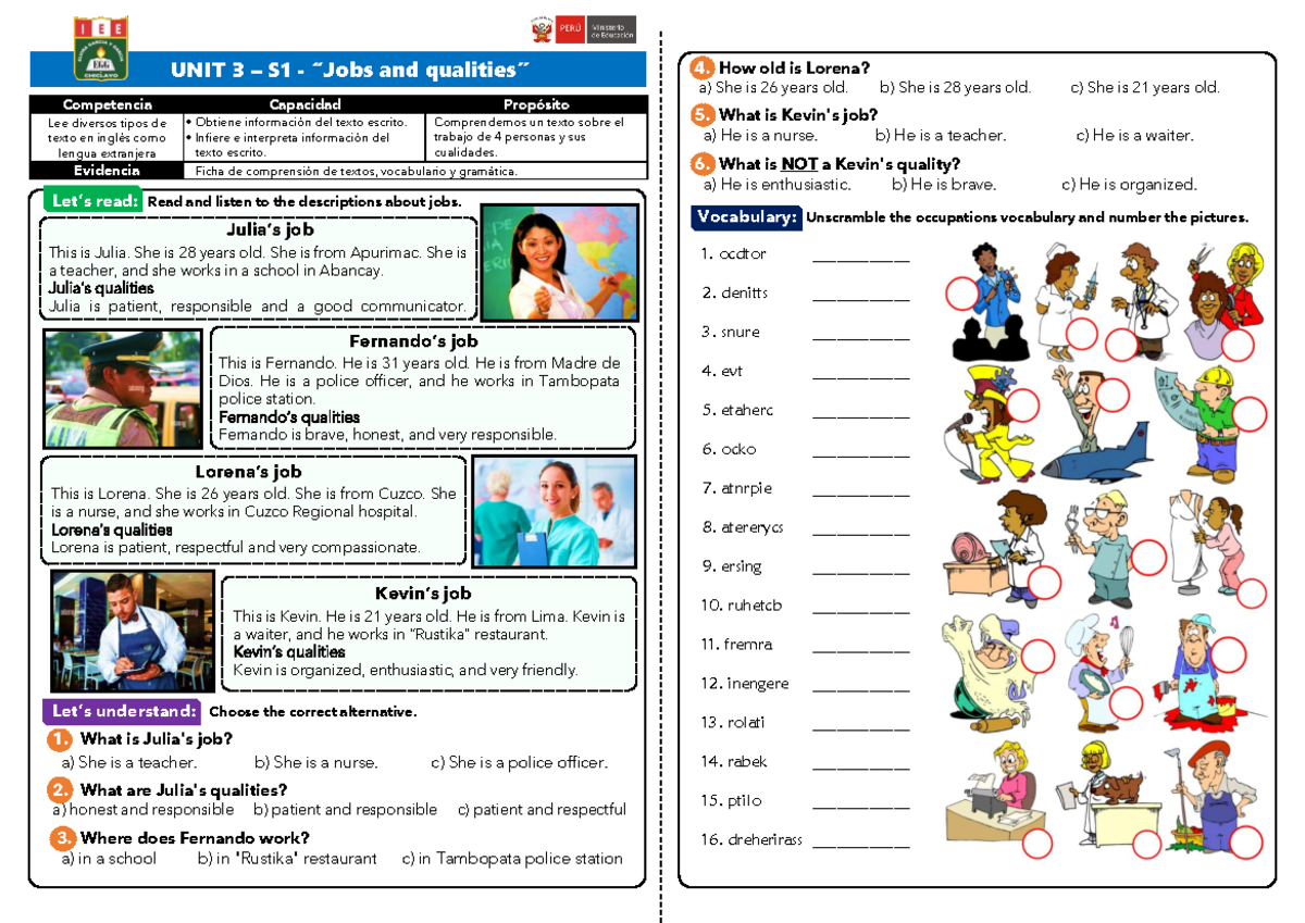 UNIT 3 - Reading 1 - Ciclo VII - 2024-5to - UNIT 3 – S 1 - “Jobs and ...