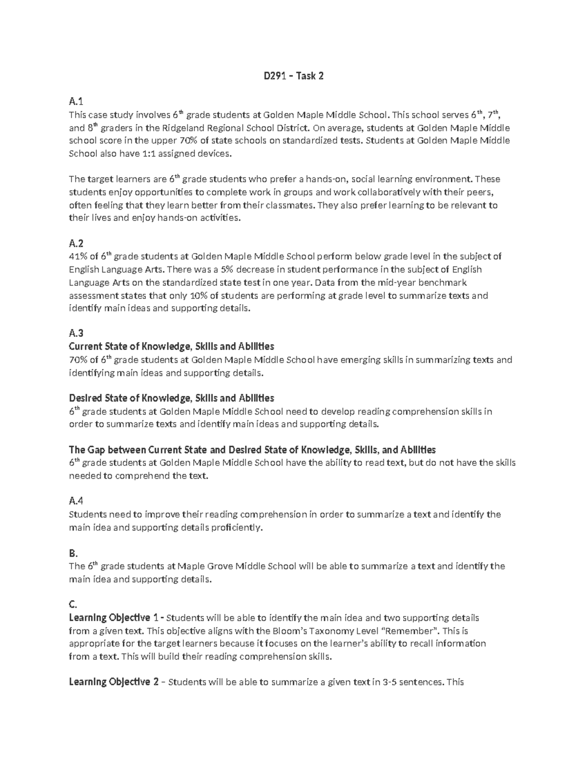 D291 Task 2 - D291 – Task 2 A. This case study involves 6th grade ...