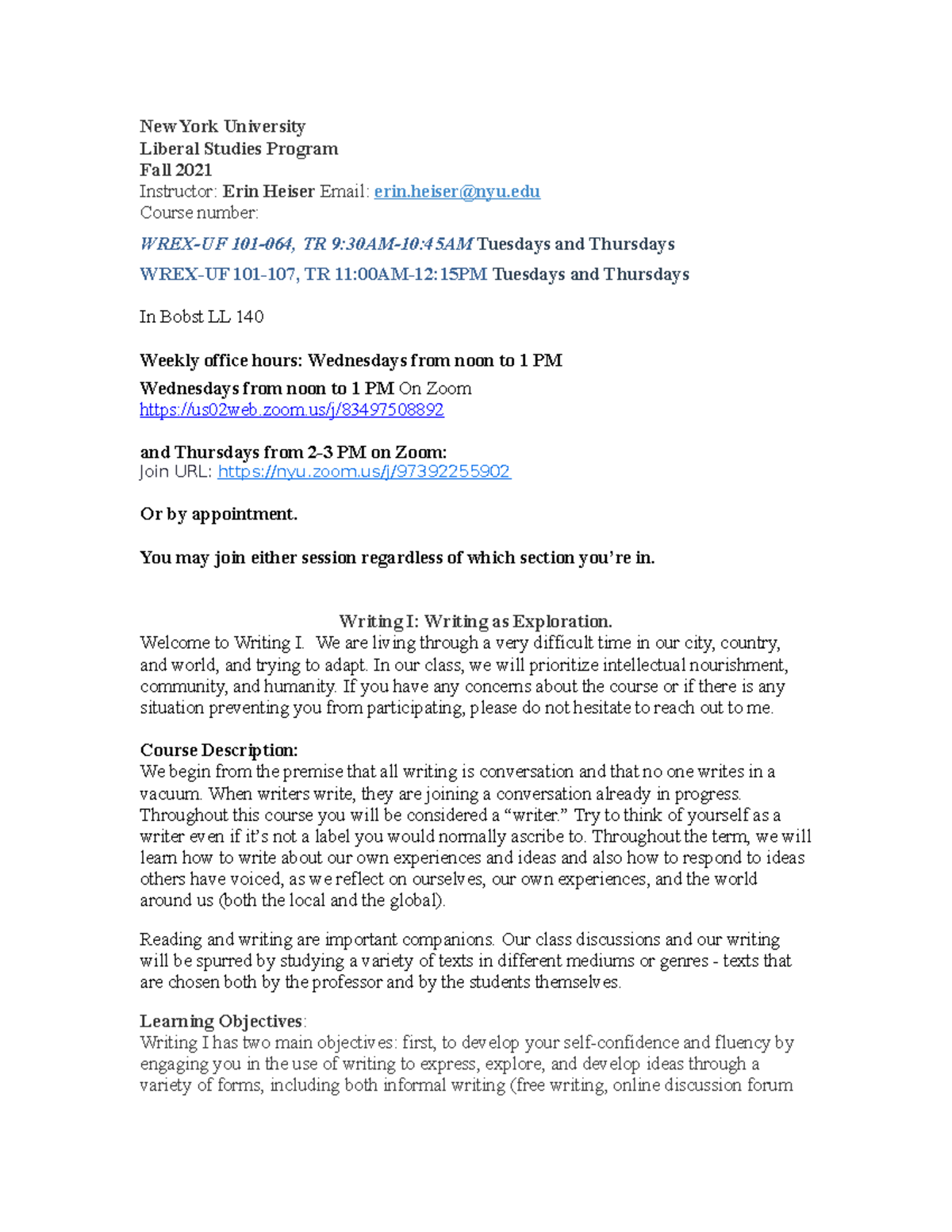 NYU Professor Heiser Sylllabus Writing I FA21 - WRI-UF - 9101 - NYU ...