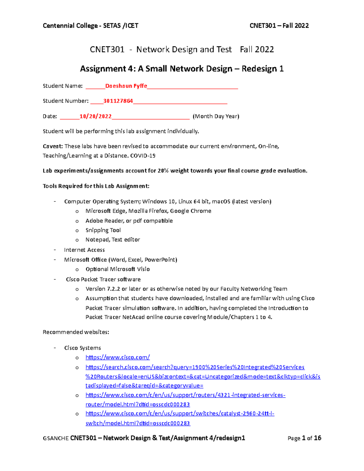 CNET301 Assignment 4 - A Small Network Design Redesign 1 - Fall2022 rev1 - CNET301 - Network ...