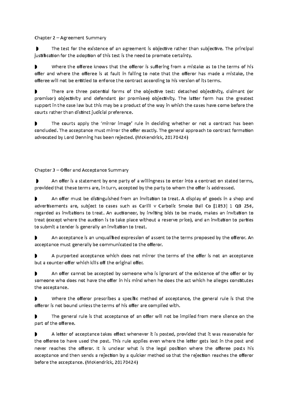 Contract - summary - Chapter 2 – Agreement Summary The test for the ...